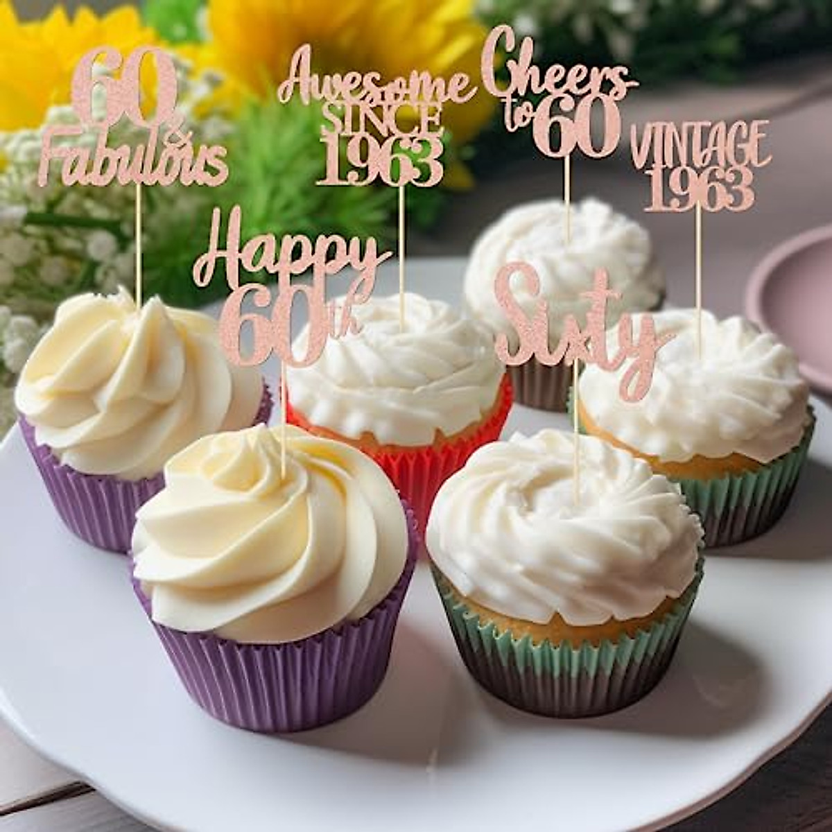 30 Pcs 60th Birthday Cupcake Toppers, Rose Gold Glitter 60th Cake Toppers 60 & Fabulous Cupcake Picks for Happy 60th Birthday Anniversary Party Decorations Supplies (Rose Gold)