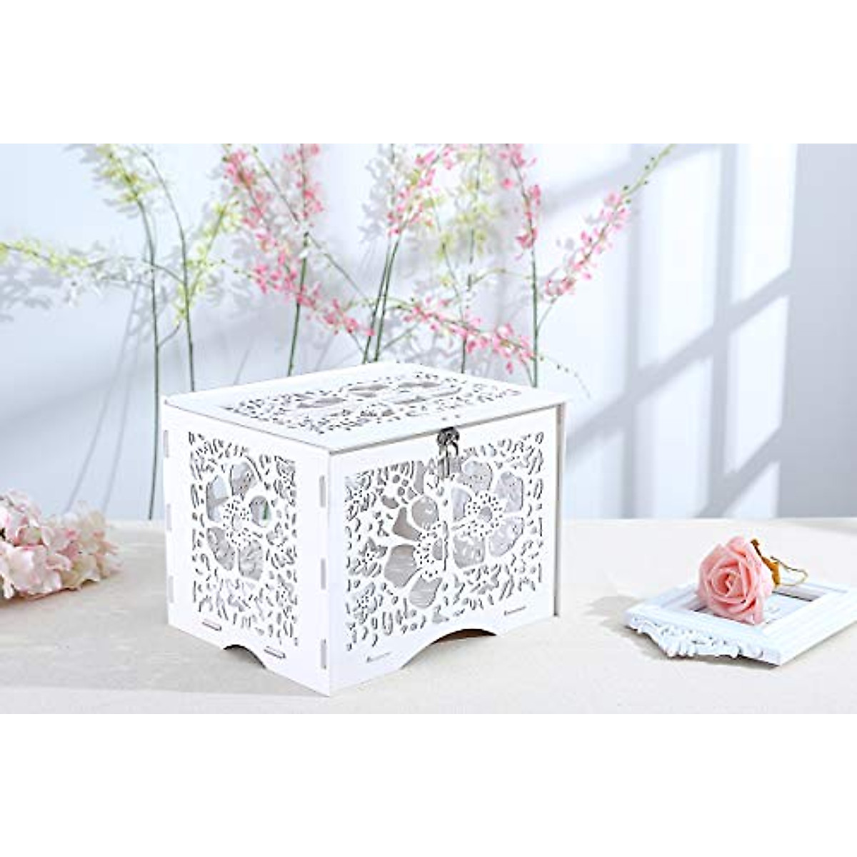 Artmag Wedding Money Box Holder with Sign, Large Rustic Wood Wooden Envelop Gift Card Boxes with Lock Slot for Reception Anniversary Party Parties White