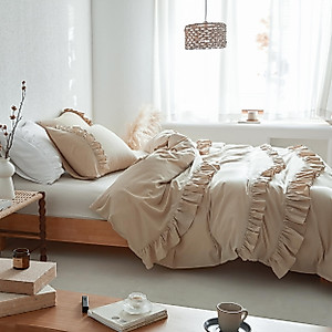 Simple&Opulence Ruffled Linen Duvet Cover Set 3Pcs with Vintage Shabby Chic Multiple Frills (1 Comforter Cover & 2 Pillowcases) Natural Flax Cotton Blended Luxury Bedding - Linen, Queen Size