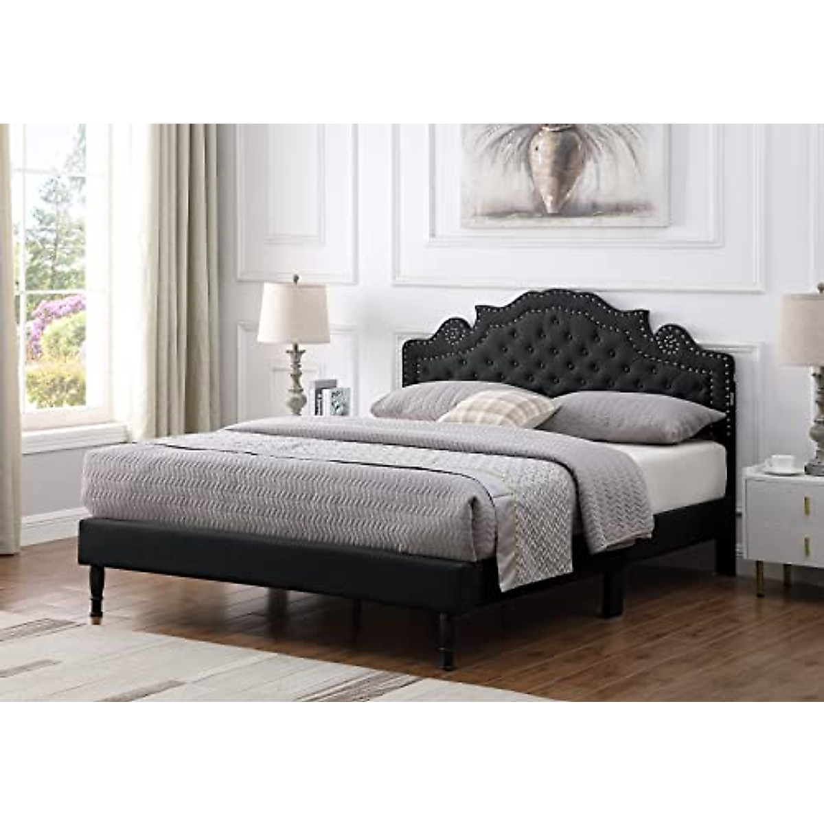 Queen Upholstered Platform Bed Frame with 47" Tall Adjustable Headboard - Button Tufted Linen Bed - Wood Slat Support with Storage Space - No Box Spring Needed - Black - Oliver & Smith - Elizabeth
