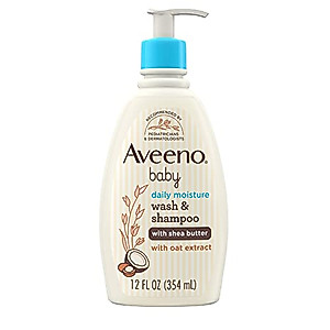 Aveeno Baby Daily Moisturizing 2-in-1 Wash & Shampoo, Baby Body Wash & Shampoo with Shea Butter & Oat Extract Gently Cleanses Baby's Sensitive Skin & Scalp, Gentle Coconut Scent, 12 fl. Oz