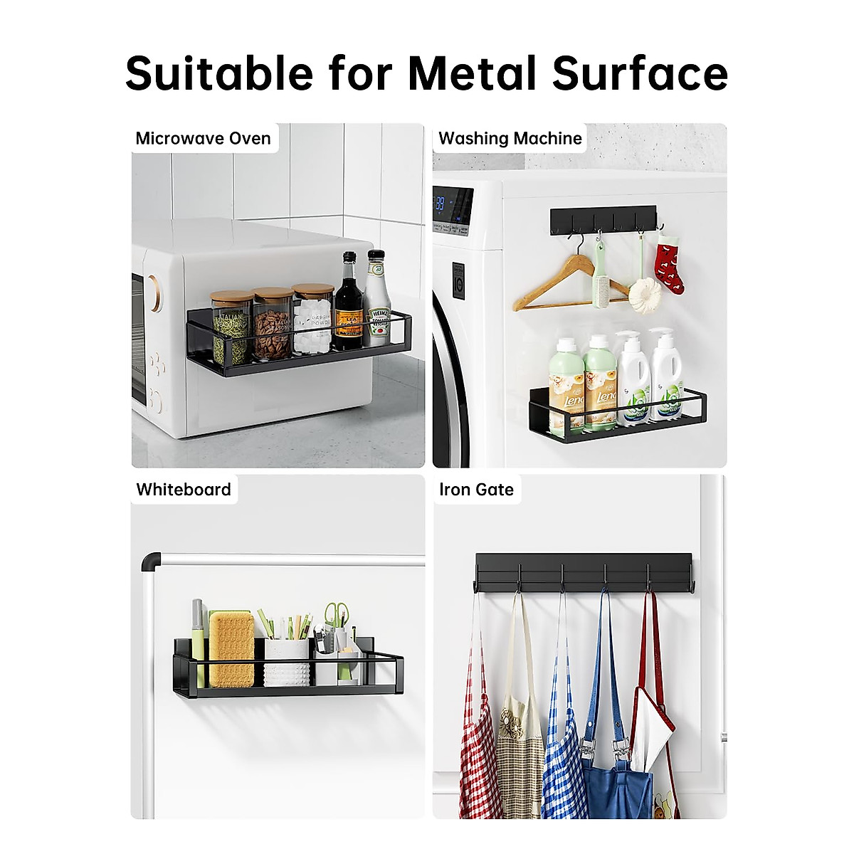 ALLZONE Magnetic Spice Rack for Refrigerator, 5 Pack Fridge Spice Organizer, Strong Magnet Shelf with Wrap Rack and Utensil Hook, Removable Side Fridge Storage Rack for Kitchen