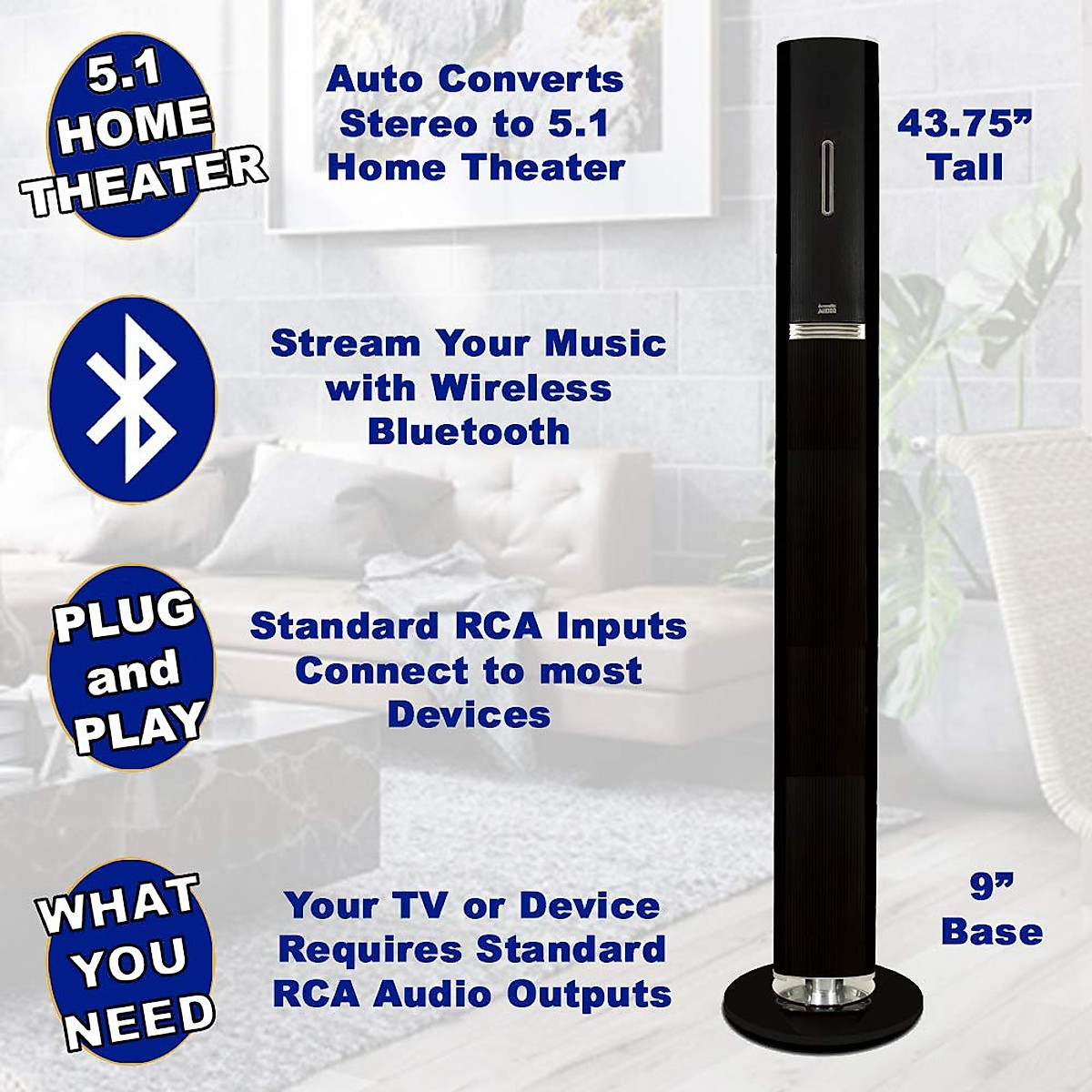 Acoustic Audio AAT1002 Bluetooth Tower 5.1 Home Speaker System with Powered Sub and 2 Extension Cables
