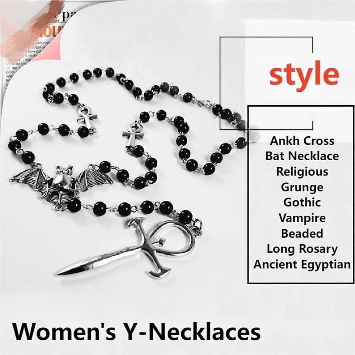Ankh Cross Bat Necklace Religious Grunge Gothic Vampire Black Long Rosary Beaded Ancient Egyptian Necklace for Women