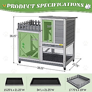 COZIWOW Rabbit Hutch with Balcony,Large Rabbit Cage Bunny Cage on Wheels,Guinea Pig Coop for Indoor Outdoor, Ramp, Pull-Out Tray, Water Bottle, Gray