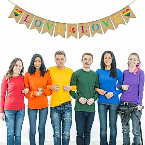 Jute Burlap LOVE IS LOVE Banner Pride Day Rustic Rainbow Heart LGBT Gay Lesbian Party Mantle Fireplace Decoration