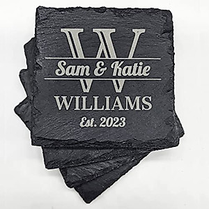 Custom Engraved Slate Coasters, 4" Square (Set of 4 or Set of 6) - Great for Personalized Gifts, Weddings, Couples, Anniversaries, Special Occasions