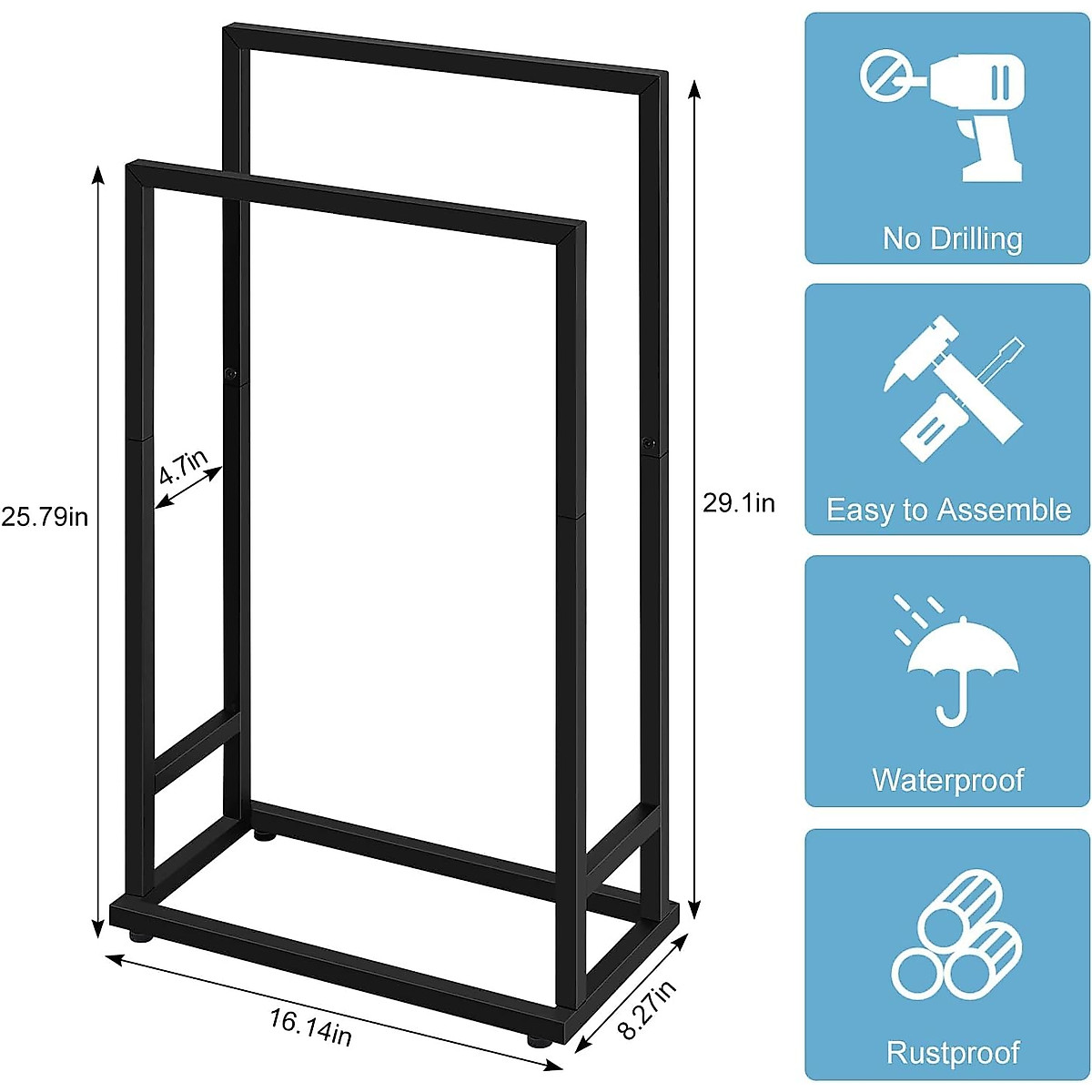 Towel Racks for Bathroom, 2 Tier Standing Stainless Steel Towel Racks Stand for Bathroom, Hand Towel Drying Rack Holder, Towel Bar Stand Blanket Rack, Black