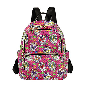Yasala Halloween Women Backpack Sugar Skull Green Leaves Travel Bag Compact Daily Bag Diaper Bag