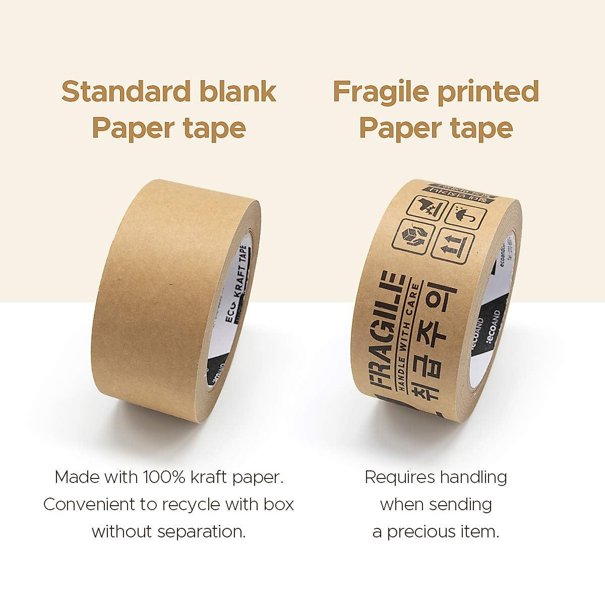 ECOAND Brown Kraft Paper Tape, 2” x 43 Yards, Writable Non-Coated Surface for Masking, Sealing, and Packaging Use, Eco-Friendly and Recyclable, Easy-to-Tear (Non-Printed)