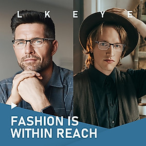 LKEYE Multifocus Reading Glasses Men Progressive Multifocal Blue Light Blocking Computer Reader Half Metal Frame Extra Wide No Line Multi Focus Large Designer Transition Spring Hinge Eyeglasses 1.50x