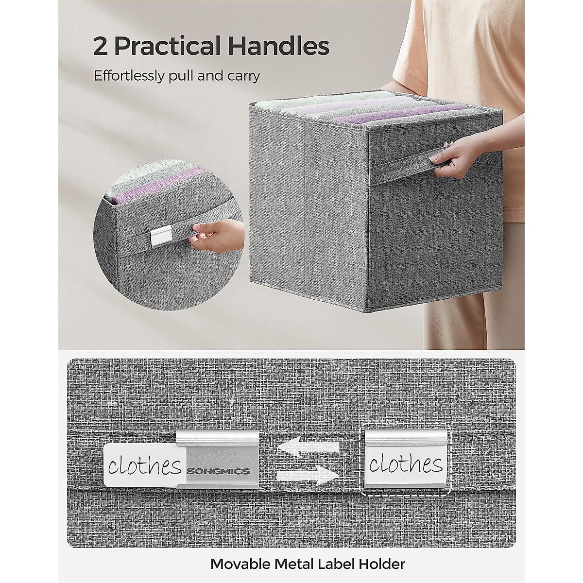 SONGMICS Storage Cubes, Set of 4 Cube Storage Bins, 13 x 13 x 13 Inches, 2 Handles, Oxford Fabric and Linen-Look Fabric, Easy to Clean, Foldable, Metal Label Holders, Dove Gray UROB233G04