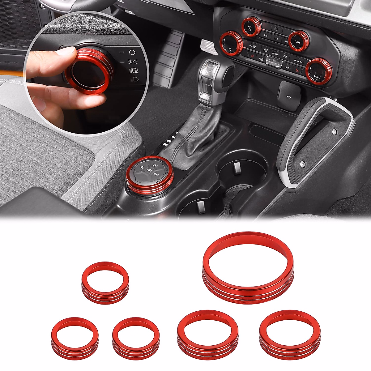 JWWY Air Conditioner Headlight Switch Knob 4WD Wheel Drive Trailer Gear Switch Knob Cover for 2021-2024+ Ford Bronco Accessories Aluminum Alloy 6PCS Red（Don't fit Bronco Sport）