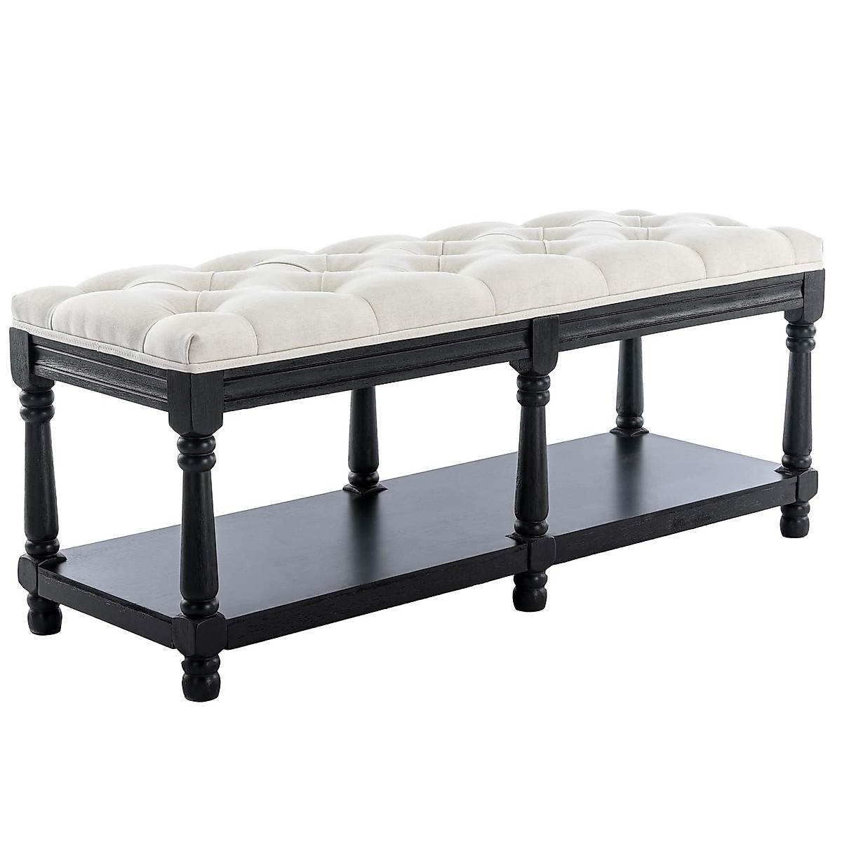 Kmax Storage Entryway Bench Tufted Shoe Rack Bench Black Wood Window Bench for Hallway Entrance Bedroom Corner, Beige