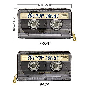 WIRESTER PU Leather Clutch Purse Card Holder Wallet, Zip Around Long Wallet for Women - Retro Clear Cassette Tape Pop Songs