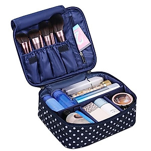 Narwey Travel Makeup Bag with Brush Compartments，Portable Cosmetic Bag，Make up Bag Makeup Organizer Case with Brush Storage for Women(Blue Polka Dot)