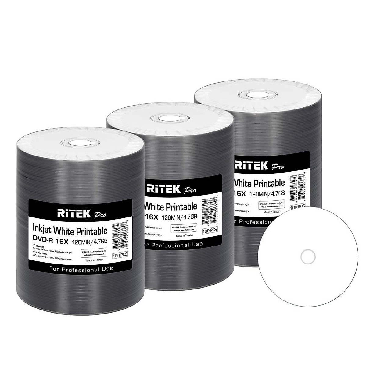 300 Pack Ritek Pro (Professional Grade) DVD-R 16X 4.7GB AZO Dye (MID MXL RG04) White Inkjet Hub Printable Blank Media Recordable Disc
