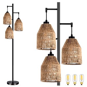 Rattan Floor Lamp for Living Room Bedroom 3-Lights Boho Tree Floor Lamps Modern Black Standing Lamp,Woven Hemp Rope Wicker 68"Tall Floor Light with Rotatable Farmhouse Foot Switch Rattan Tall Lamp