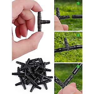 Kalolary 500Pcs Barbed Tee Irrigation Fittings, 1/4 Inch Tube Universal Drip Irrigation Connector Compatible with Watering Systems, 4/7mm Hose Automatic Irrigation Adapter
