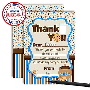 Milk & Cookies Blue & Brown Birthday Thank You Notes, Ten 4" x 5.5" Fill In The Blank Cards with 10 White Envelopes by AmandaCreation