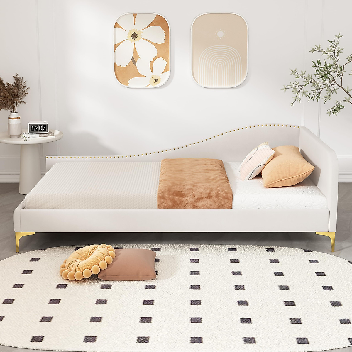 Upholstered Twin Size Daybed with Headboard and Armrest, Wooden Daybed with Sturdy Support Legs for Bedroom, Living Room, Easy Assembly (Beige, Twin)