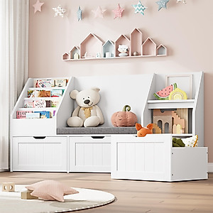 FOTOSOK 55.1’’ Kids Bookshelf with Reading Nook, Toy Storage Organizer with Seat Cushion and 3 Movable Drawers, Kids Reading Nook Toy Organizers and Storage with Bench for Playroom, Bedroom, White