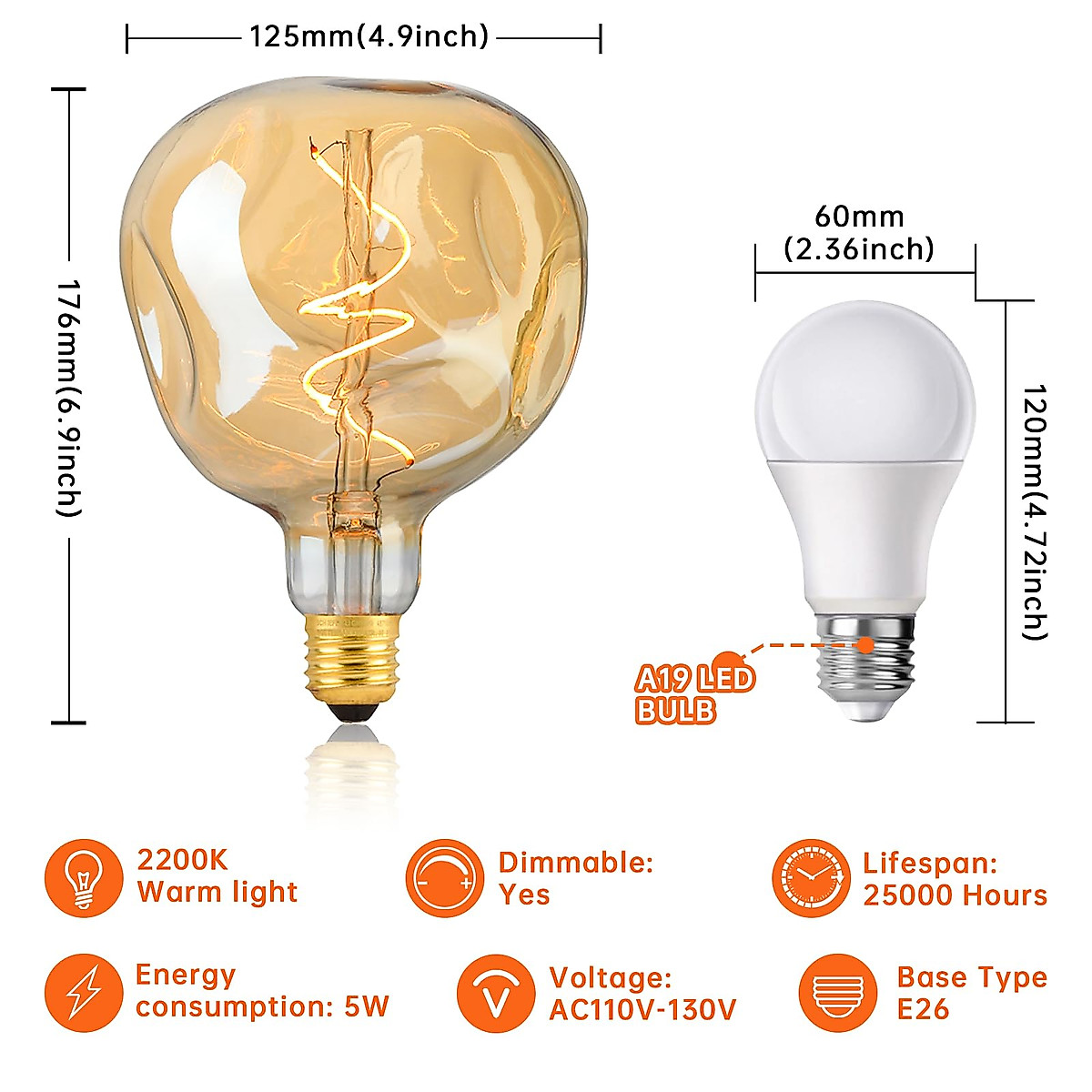 OMED S125 Oversized LED Edison Bulb Large, 5 Watt 400 Lumens 2200k Warm Yellow Large Edison Light Bulb, Amber Glass Decorative Large Globe Dimmable E26 Bulbsfor Pendant Lighting, 1 Pack