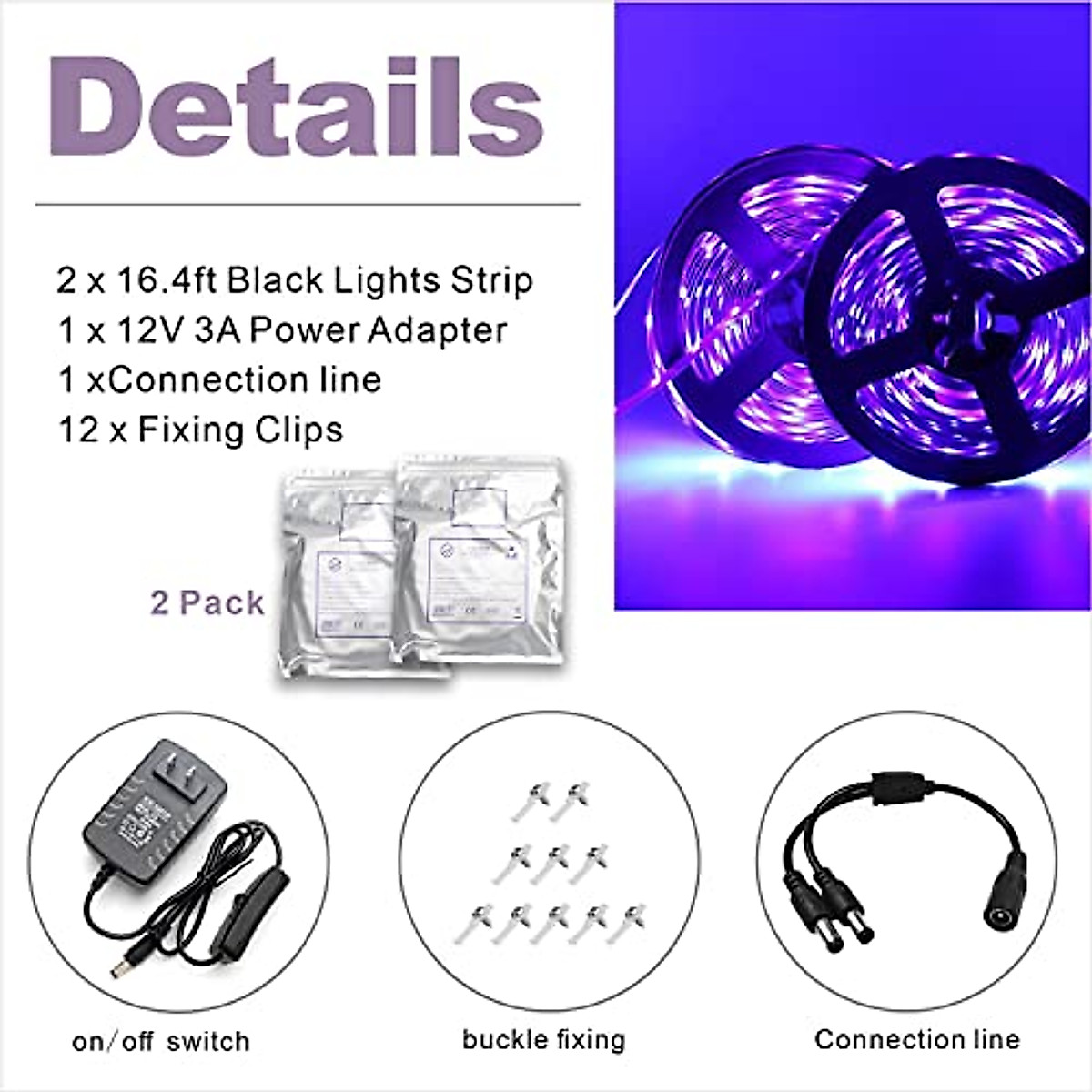 AIMEOKO LED Black Light Strip Kit,32.8ft 600 LEDs 12V Flexible UV Blacklight Fixtures for Indoor Bedroom Decoration,Fluorescent Dance Party,Wedding,Birthday,Halloween,Body Paint,Non-Waterproof