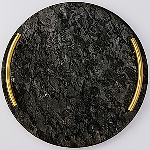 Black Marble Decorative Tray (12") | Marble Tray for Bathroom, Perfume Tray, Round Vanity Tray | Coffee Table Tray, Black Tray with Handles | Kitchen Counter Décor, Ottoman Tray for Living Room