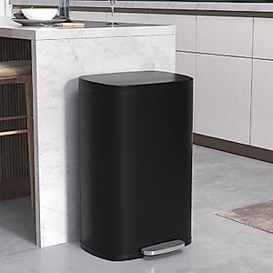 50L Stainless Steel Kitchen Trash Can with Lid, Foot Pedal, Plastic Bucket, Soft Close Lid, Fingerprint Resistant, Odor Proof, Black