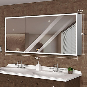 tunuo 60”W x 36”H Medicine Cabinets for Bathroom with Mirror, Surface Mounted LED Medicine Cabinets Mirror with Defogger, Dimmer, Outlets & USB, Three Doors