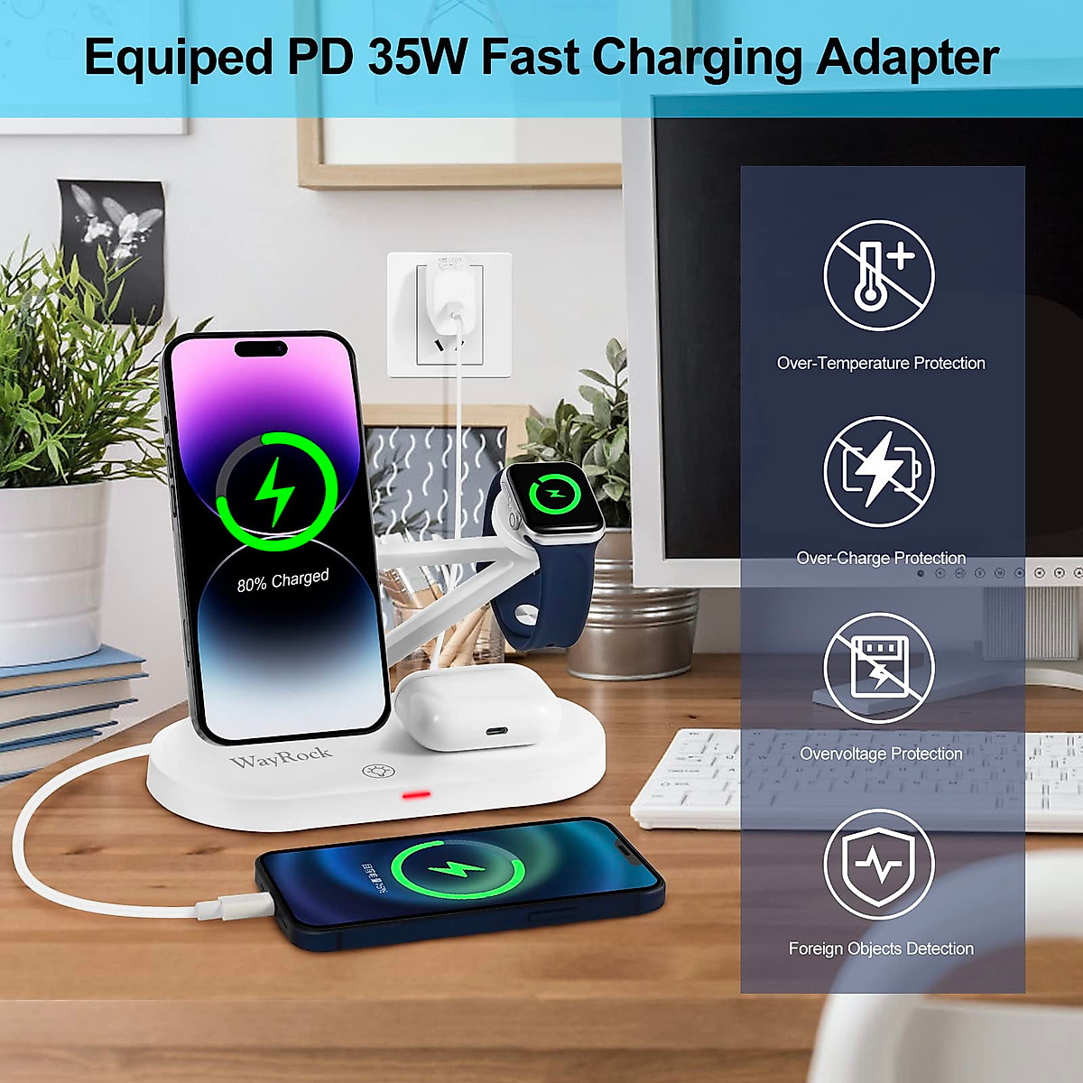 5 in 1 Magnetic Charging Station 35W, WayRock Wireless Charger Stand for iPhone 14 13 12 Pro Max/Plus/Pro/Mini/Airpods/iWatch Series, Fast Charger with Night Light for Travel Gift