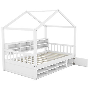 VilroCaz Twin Size House Bed with Shelves and a Mini-Cabinet, Wood Kids Platform Bed Frame with Sturdy Slats Support, Playhouse Design Daybed for Kids Teens Girls Boys (White-3tw)