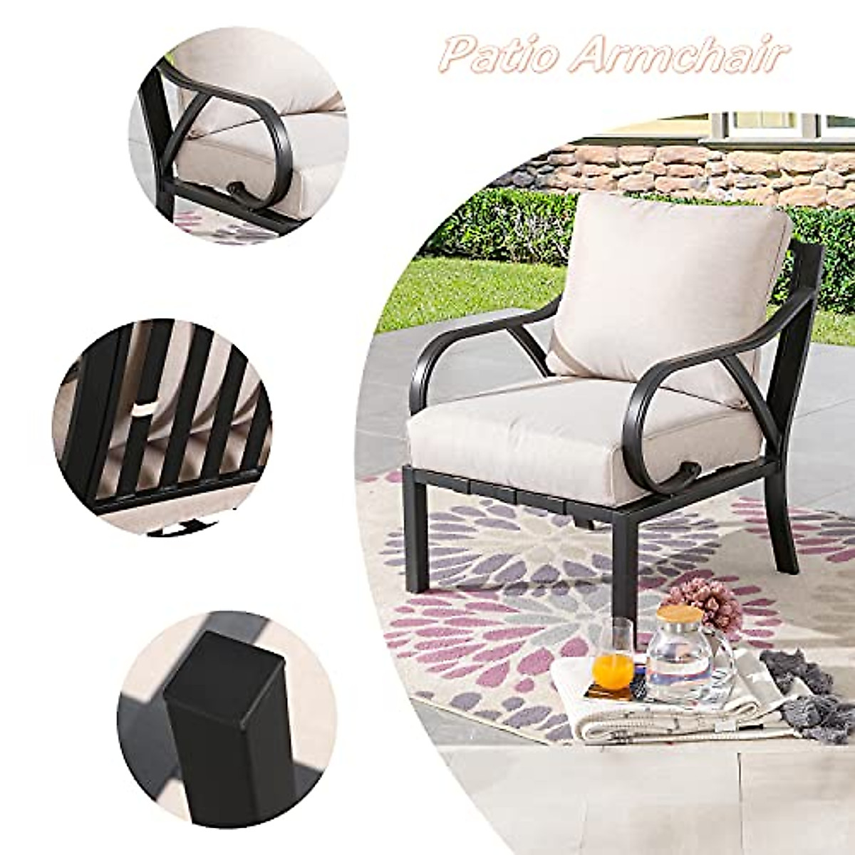 LOKATSE HOME 2 Piece Patio Dining Chairs Modern Wrought Iron Armchairs Outdoor Bistro Club Set Cushioned Furniture for Lawn Garden Balcony Poolside, Beige