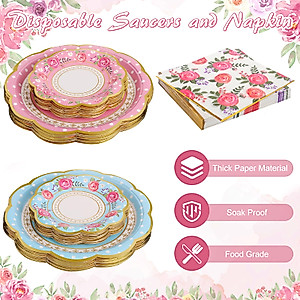 200 Pcs Disposable Tea Party Cups and Saucers Set, 50 Guests Floral Tea Party Supplies Include 9 oz Paper Tea Cups with Handle, 9 Inch Paper Plates, Saucers Napkins for Tea Party Birthday Wedding