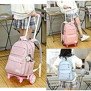 YJMKOI Solid-Color Simple Rolling Backpack for Girls, Blue Trolley Bags on 6 Wheels, Carry-on Luggage BookBag with Wheels for Middle School
