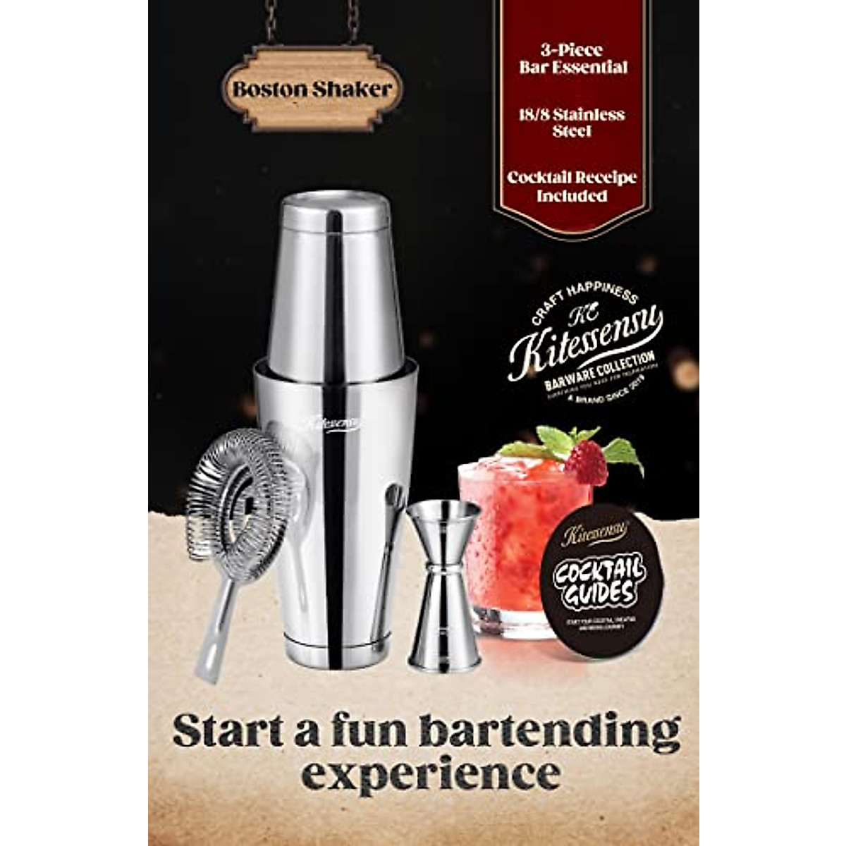 KITESSENSU Boston Cocktail Shaker Set, 4-Piece Boston Shaker Tins Bartender Kit with 18oz & 28oz Mixed Drink Shaker, Hawthorne Strainer, Double Measuring Jigger, Cocktail Recipe Cards Included