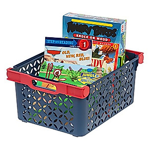 IRIS USA Boy's Medium Deep Decorative Storage Basket with Comfortable Grip Handles, 8 Pack, Toy Box, Nestable, Stackable, Kid's Storage Box for Book and Toy, Kid's Room Playroom Organizer, Navy/Red