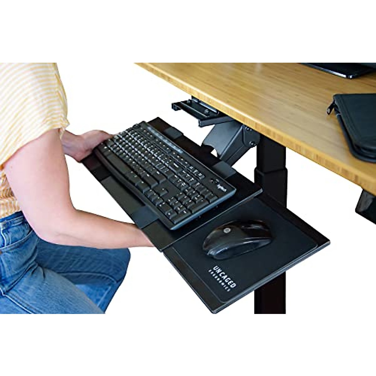 KT1 Ergonomic Under-Desk Computer Keyboard Tray adjustable height angle negative tilt sliding pull out platform swivels 360 slides office products furniture desktop accessories with mouse pad black