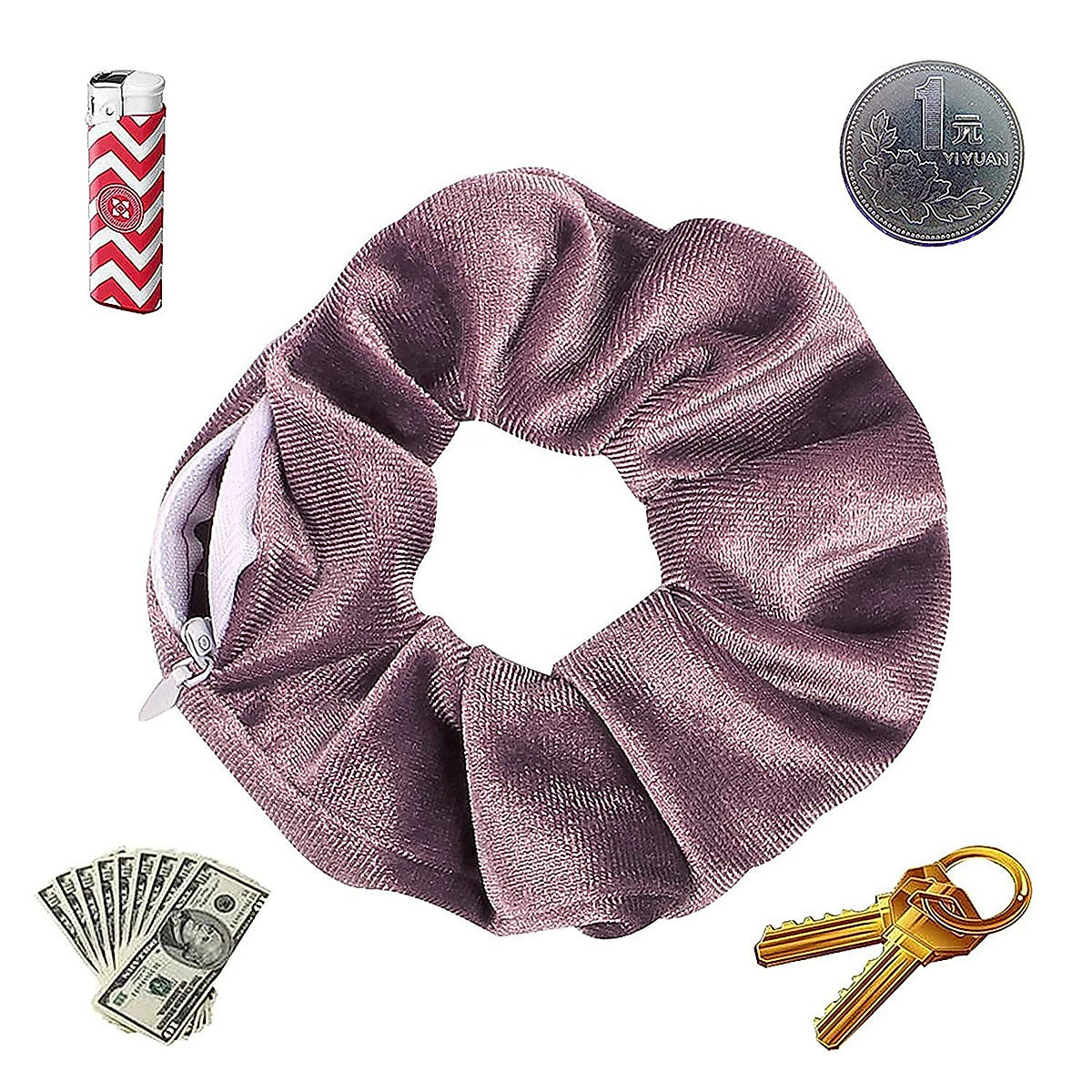 Zipper scrunchie Safe (3 Pack) for black Velvet Stasher scrunchies Compartment for Cash Cards Keys Valuables | Hair bun ties Secret Pocket ponytails women Diversion safes (Purple)
