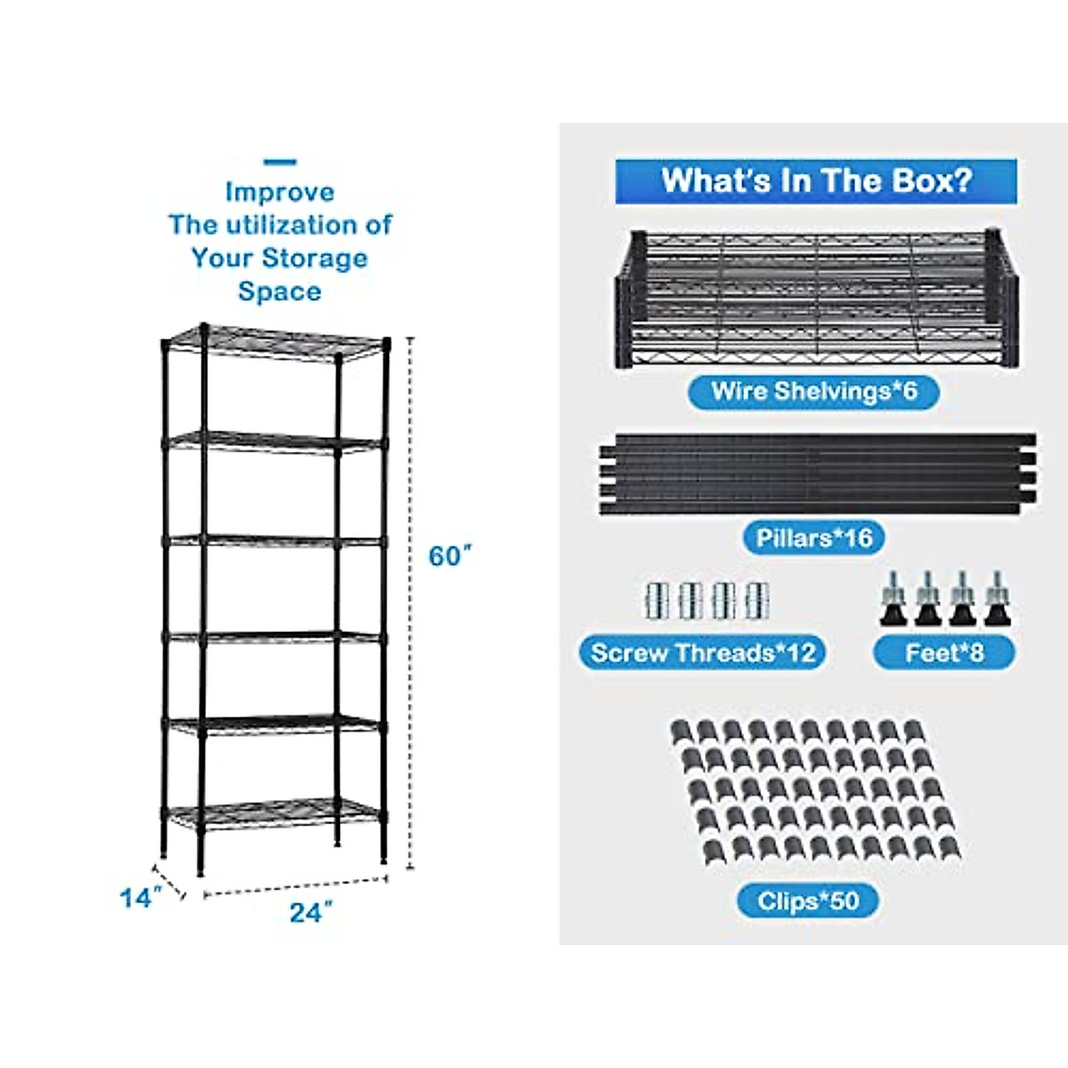 6-Tier Wire Shelving Metal Storage Rack, Adjustable Shelving Unit Free Standing Storage Shelf with Leveling Feet, 24"Lx14"Wx60"H Storage Shelves Organizer Unit for Office Studio Plant Craft, Black