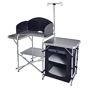 CampLand Folding Cooking Table Outdoor Portable Cook Station Aluminum Camping Kitchen with Storage Organizer (Black)