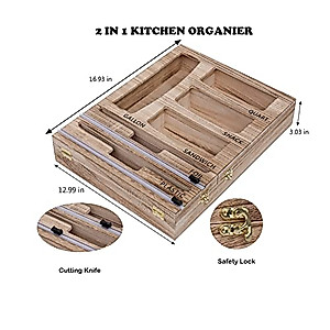 Food Container Sets, wooden zipper bag organizer and pack, dispenser with cutter, Food Storage Bag Holders Compatible With Wrap, Wax, Foil,