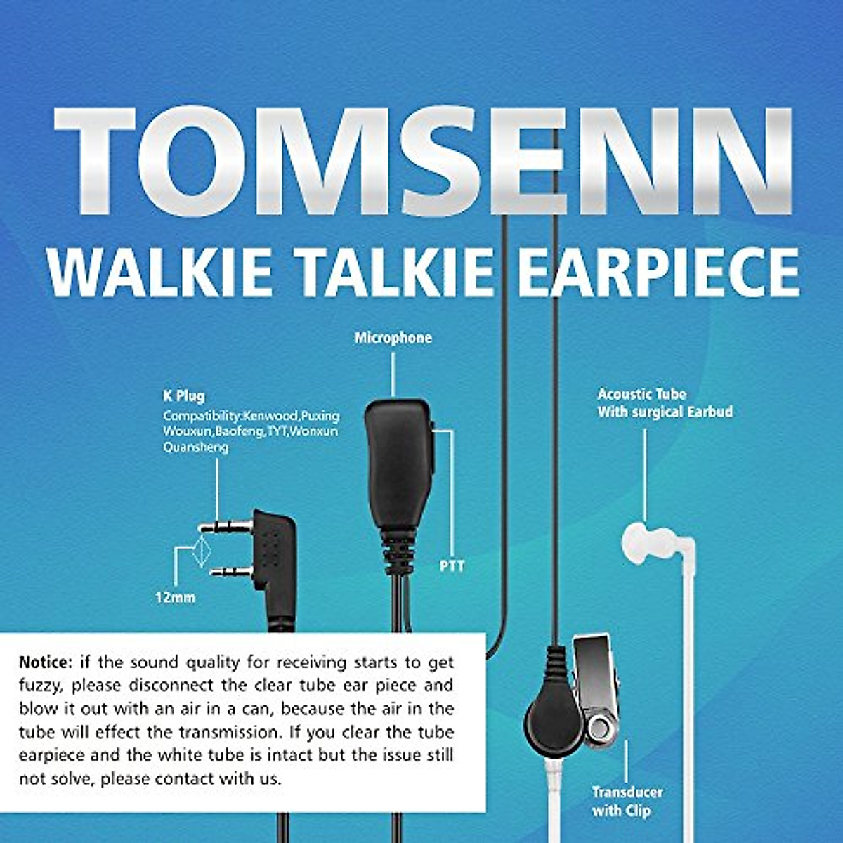 TOMSENN 2-Pin Covert Acoustic Tube Walkie Talkie Earpiece – Two Way Radio Earpiece with a PTT Mic - Compatible with Walkie Talkie Headset Brands (Kenwood, Puxing, Wouxun) – Pack of 2