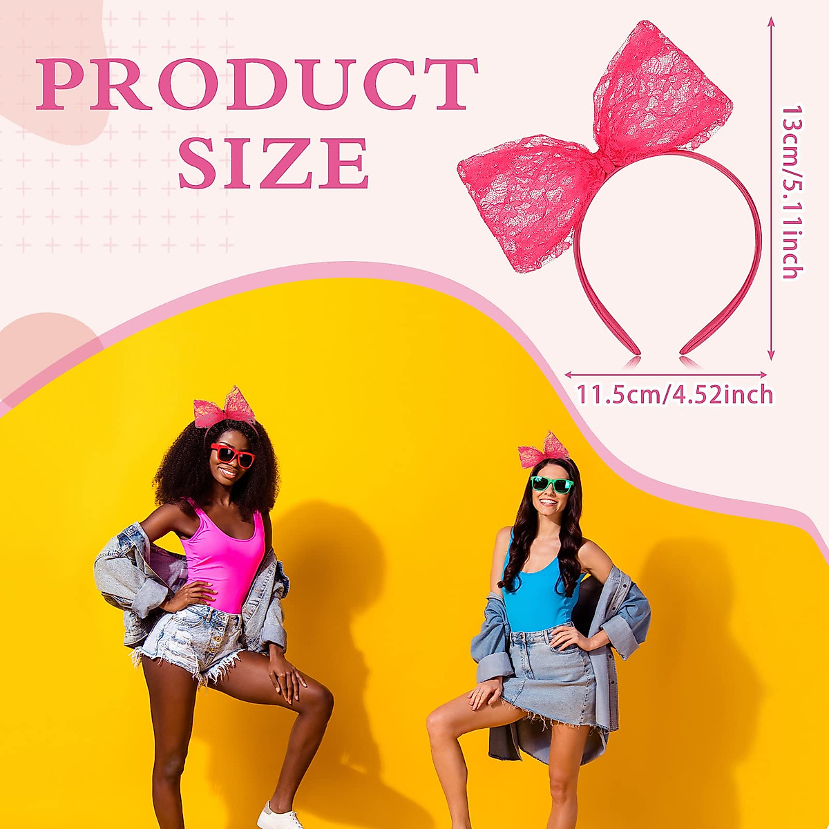 Xinnun 80s Neon Lace Bow Headband 80s Halloween Costume Accessories Knot Head Wrap Pink 1980 Cosplay Hairband for Party Women