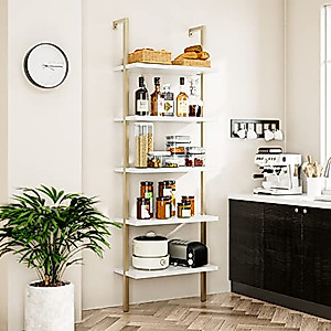 NUMENN 5 Tier Book Shelf, Industrial Ladder Shelf, Open Space Wall Mount Bookshelf with Metal Frame, Sturdy Book Shelves, Bookcase for Living Room, Home Office Shelf, White and Gold