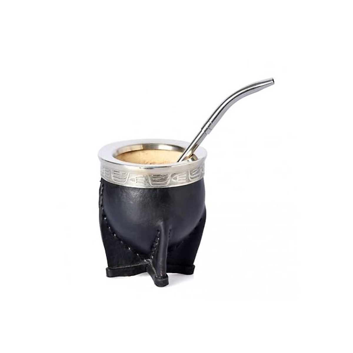 Mate Argentino Imperial Premium Leather Wrapped Handmade Engraving With Alpaca Yerba Mate Gourd (Mate cup) with Bombilla de Alpaca (Alpaca Yerba Mate straw) (Black)