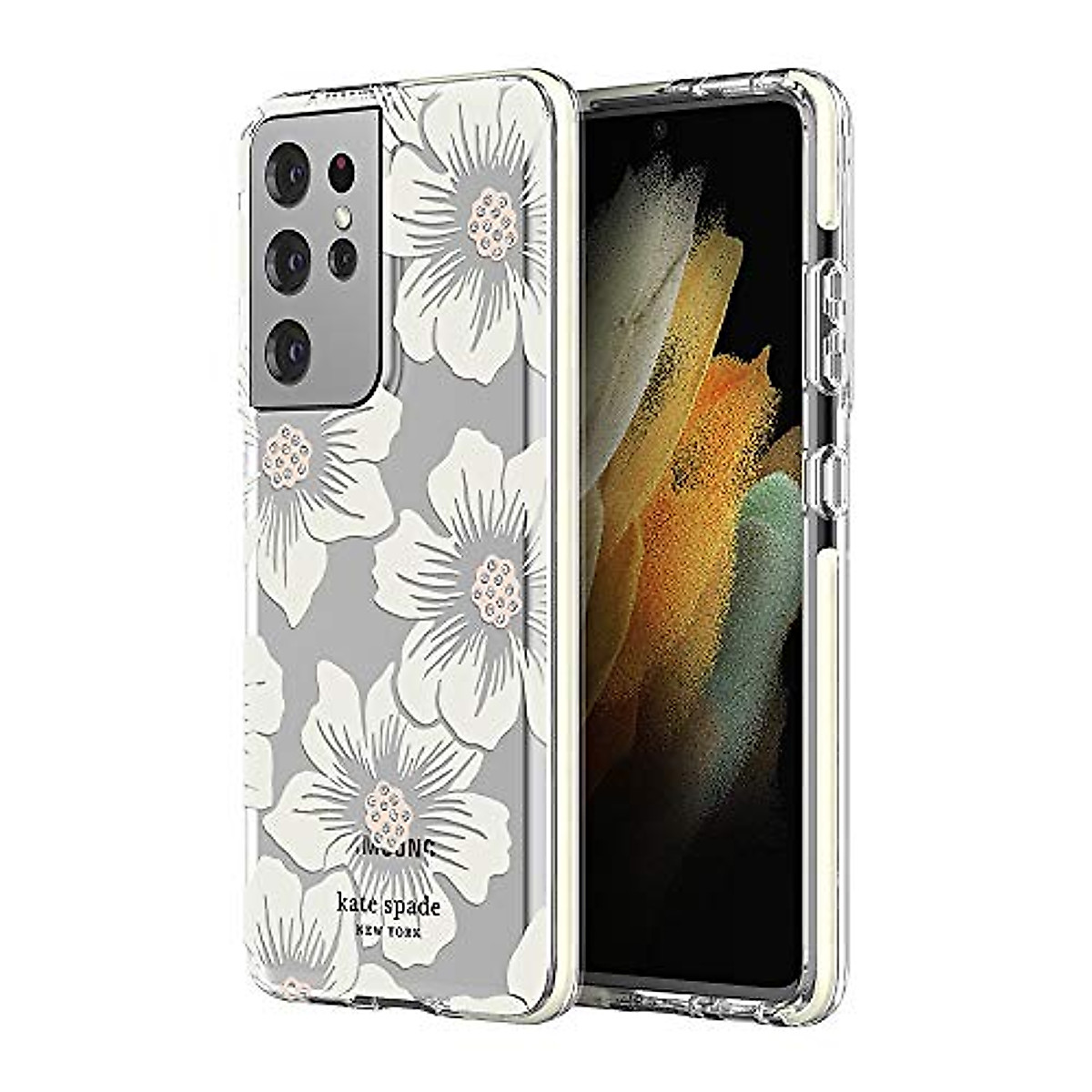 kate spade new york Defensive Hardshell Case Compatible with Samsung Galaxy S21 Ultra 5G - Hollyhock Floral Clear/Cream with Stones/Cream Bumper