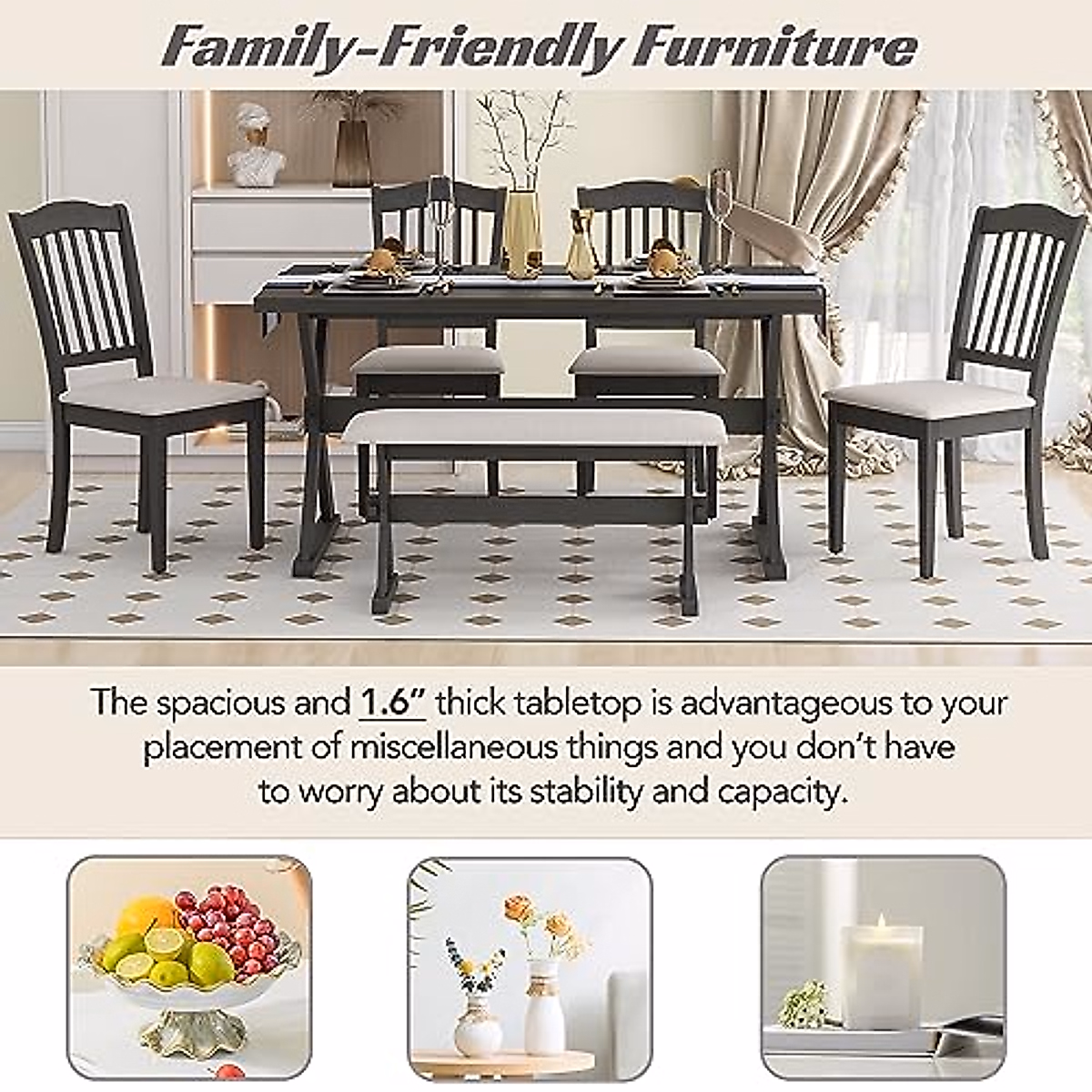 HAUSHECK Rectangular Table with X-Frame Legs, Upholstered Bench & Chair with Hollowed Backrests, Padded Cushion, Modern Rustic Style Home Furniture, Kitchen & Dining Room Sets for 6, Gray