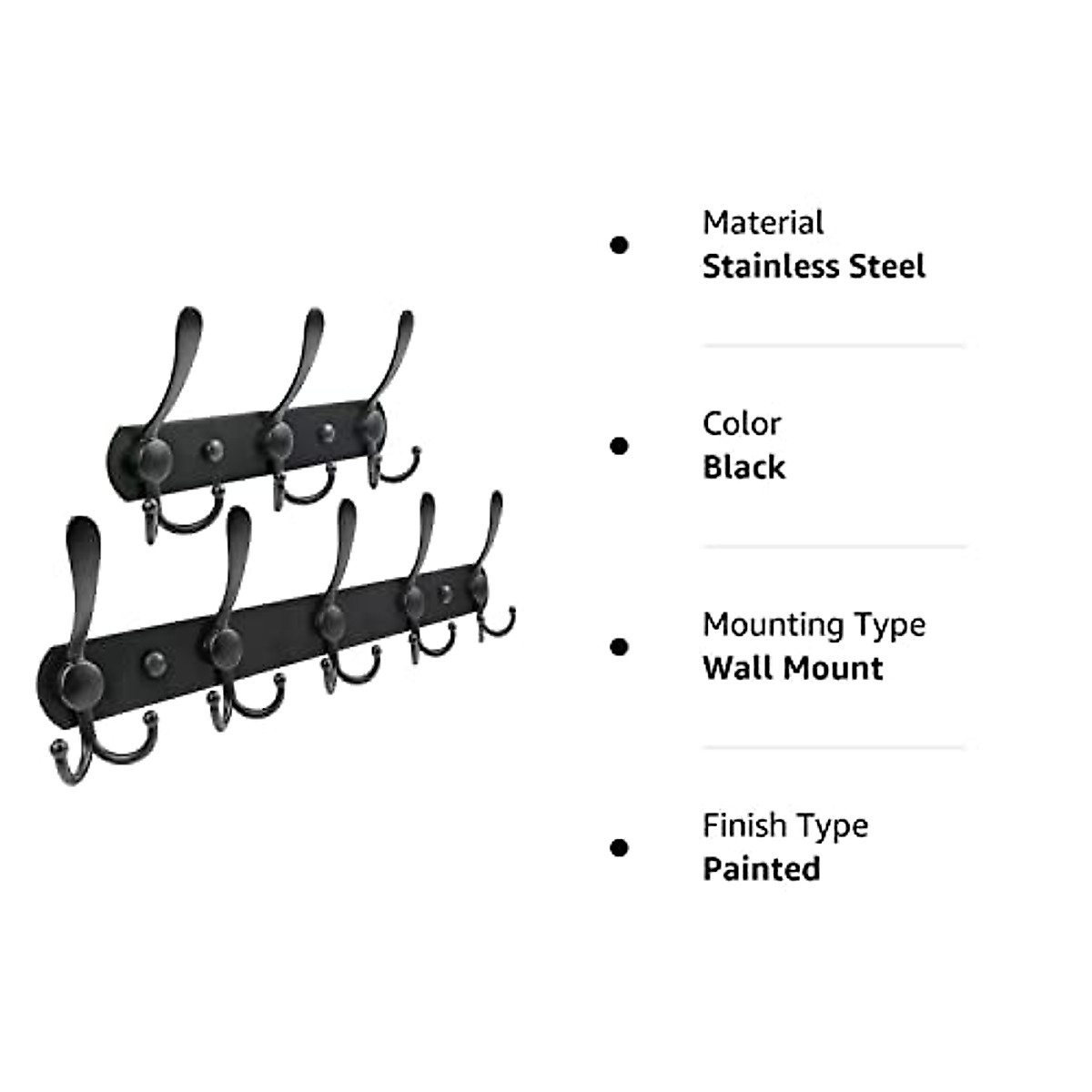 LotFancy Wall Mounted Coat Rack, Black Coat Hooks for Wall, 3 and 5 Tri Hooks, Stainless Steel Heavy Duty Metal Hook Rail for Coats, Hats, Towels, Handbags, for Kitchen, Mudroom, Entreway